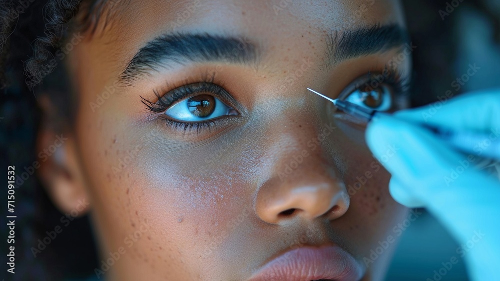 Botox injection in the face of a young black woman. Beauty and youth ...