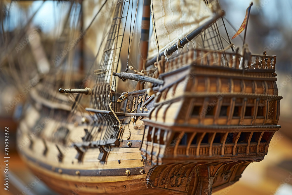 Detailed model of an antique galleon with sails and rigging. Macro ...