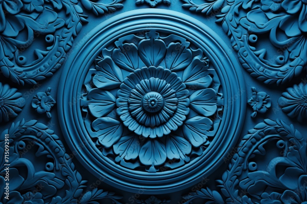 a close up view of a blue wall with a circular design on the center of ...