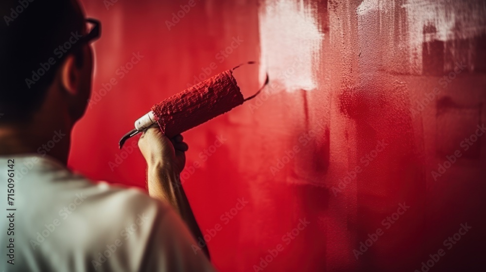 a man is painting a red wall with a red paint roller and a red wall ...