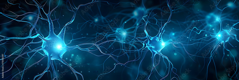 Nerve cell blue color banner, system neuron of brain with synapses ...