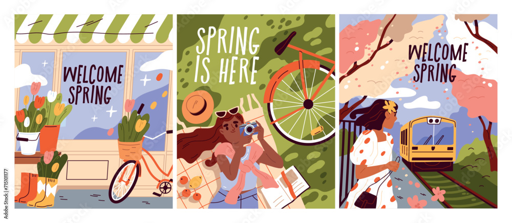 Set of Spring Posters. Cute covers with flowering plants, characters on ...