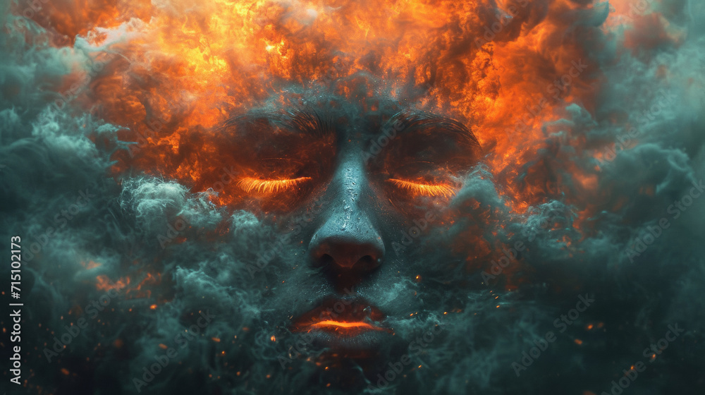 Impersonation of anxiety. Smoke and fire in the head. Concept image of ...