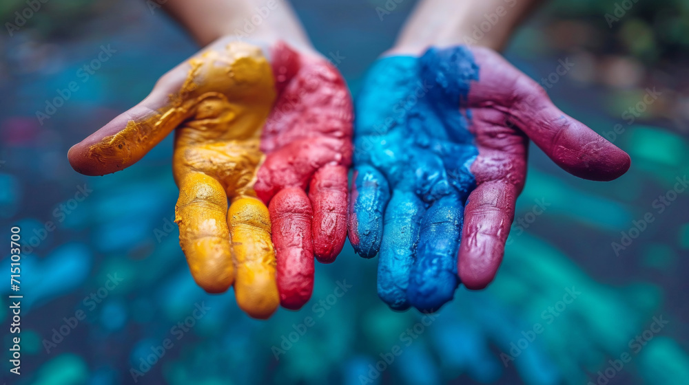 Rainbow tempera colored hands. Diversity, Equity, Inclusion and ...