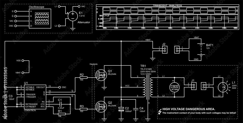 Vector drawing of electrical circuit with oscilloscope, voltmeter ...