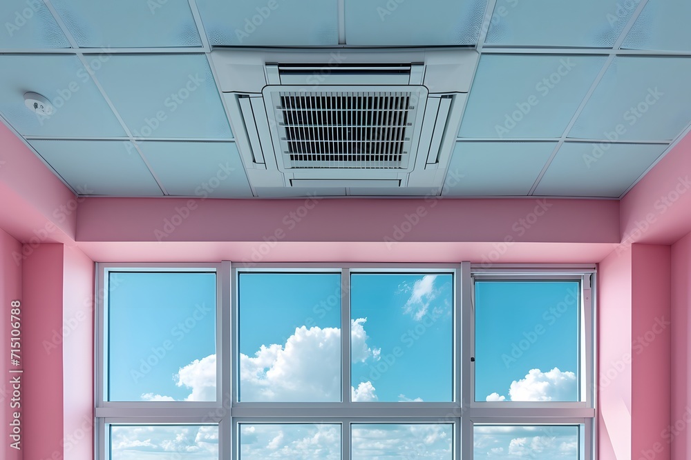 white air conditioning unit that is mounted upwindow in the sky Stock ...