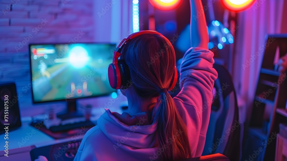 woman raising an arm as she is playing a video game. gamer girl playing ...