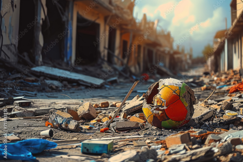 a destroyed street with a deflated soccer ball lying on the ground. The ...