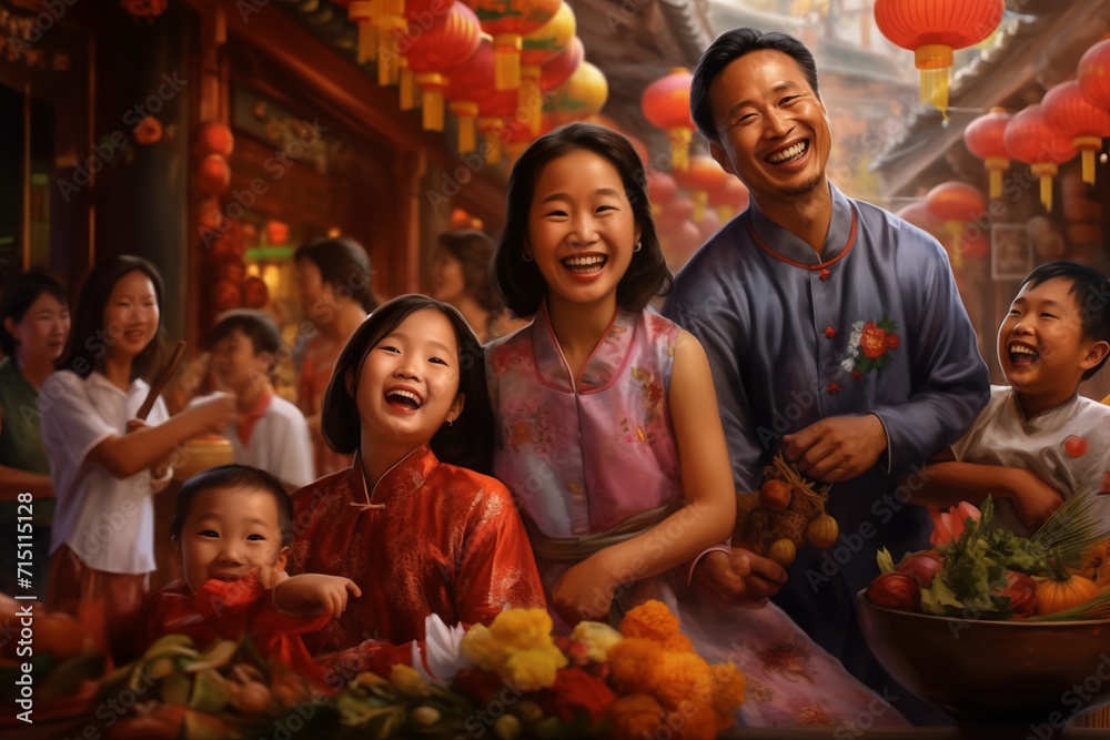 Smiling Asian family during an Asian party. Asian festival and ...