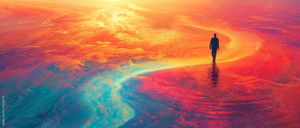 Solitary man walking on an iridescent lake. Surreal illustration, sense ...