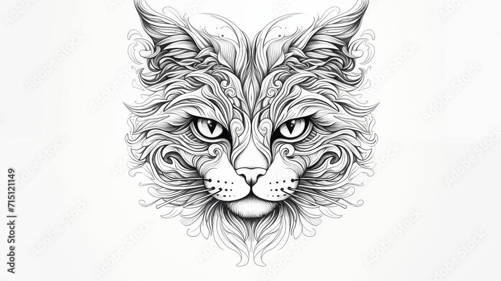 Cat face, detailed illustration. Linear painting without colors ...
