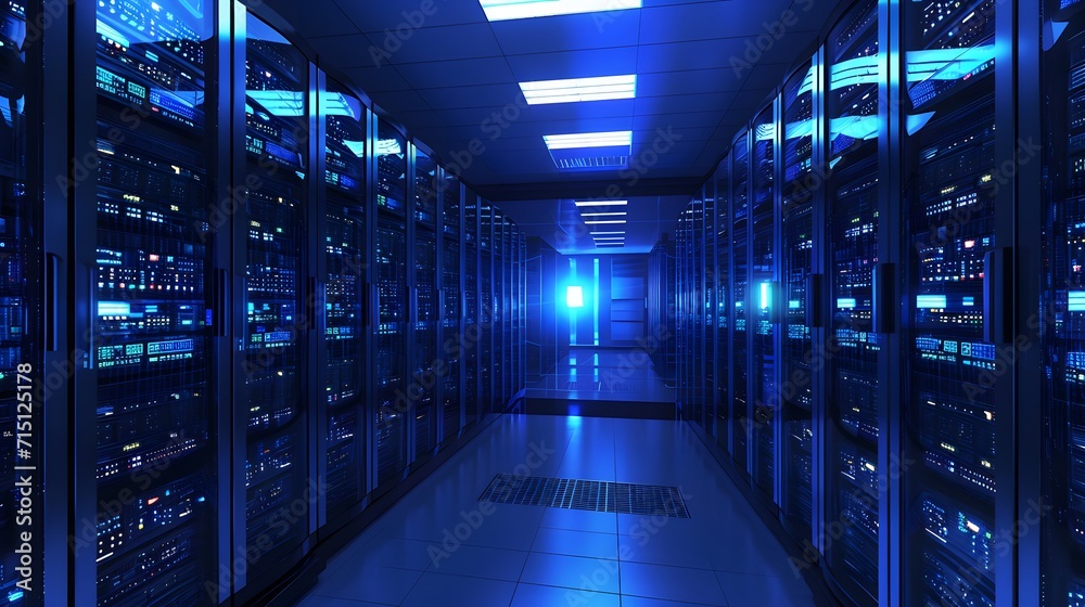 data center with colored lights on the floor server room. light tunnel ...