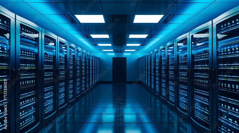 data center with colored lights on the floor server room. light tunnel ...