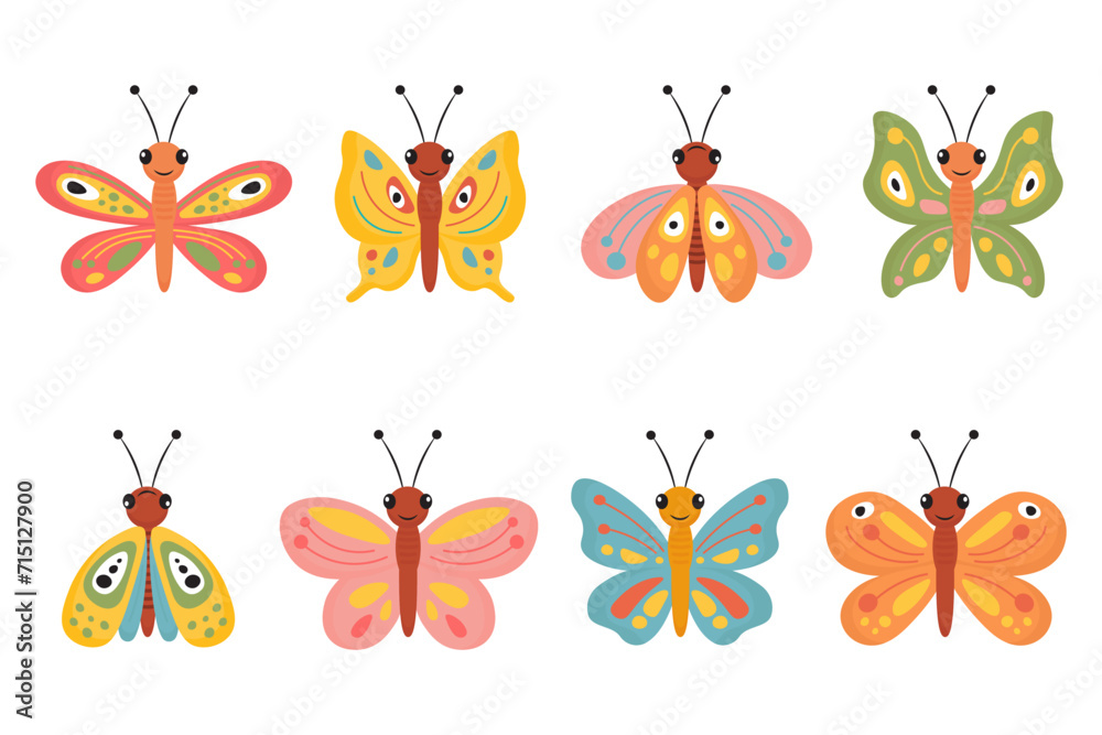 Cute spring funny butterfly clip art, colorful icons, vector ...