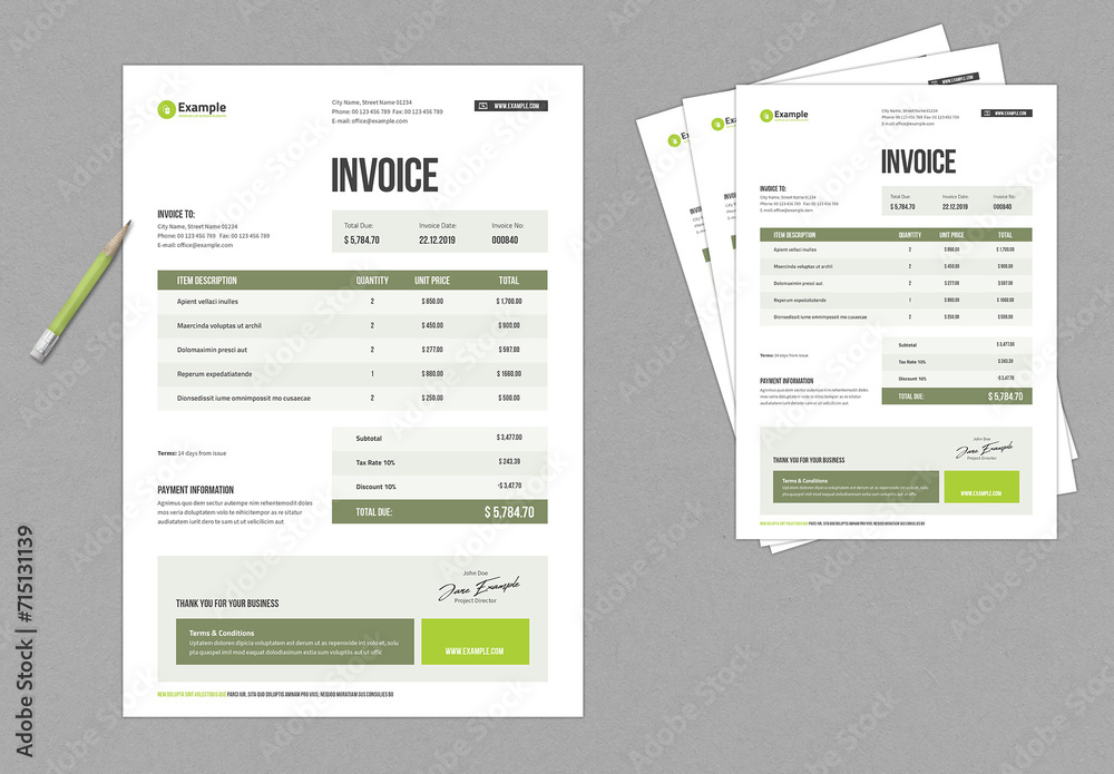 Modern Light Invoice Template in Green Colors Stock Template | Adobe Stock