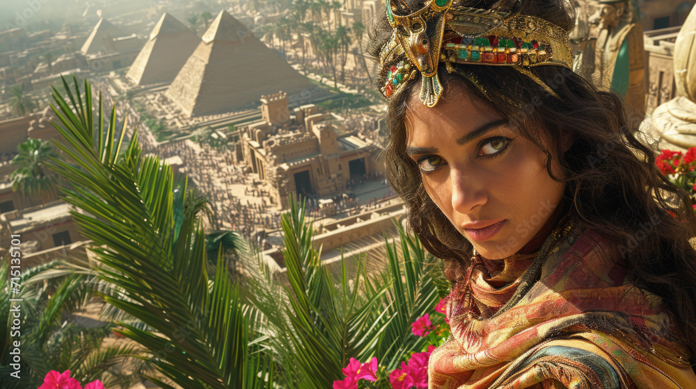 Beautiful egyptian queen with backgroud of ancient Egypt and pyramids ...