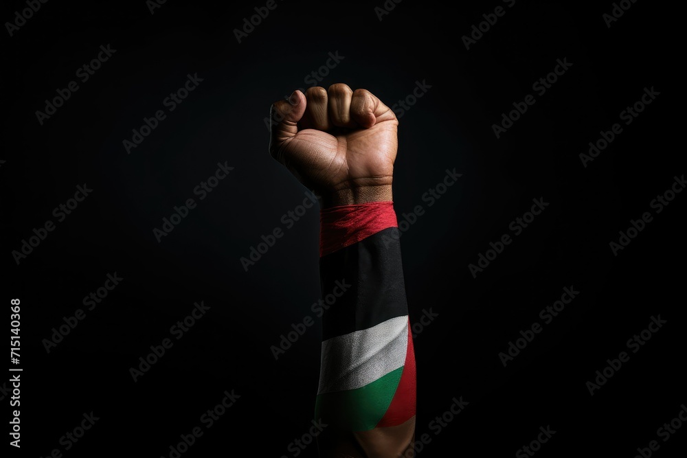 Low key picture of a fist painted in colors of Palestine flag. campaign ...