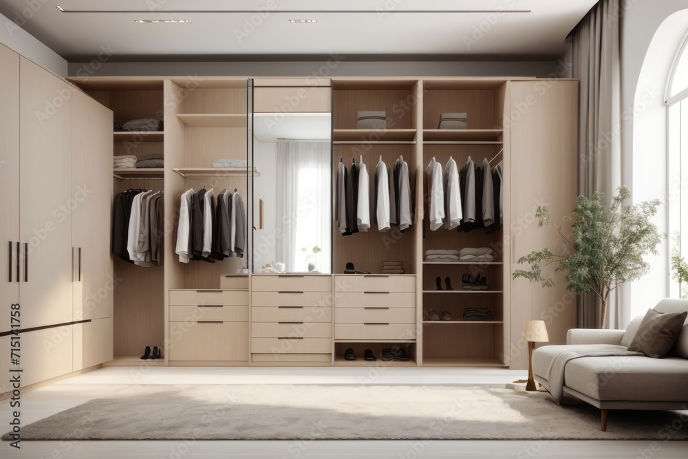 Interior home design of modern dressing room with space for storing and ...