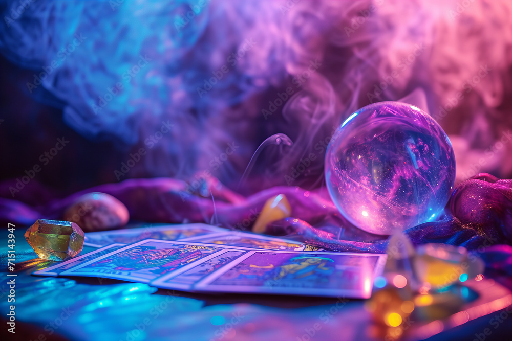 fortune telling ball, tarot cards on the table with crystals and smoke ...