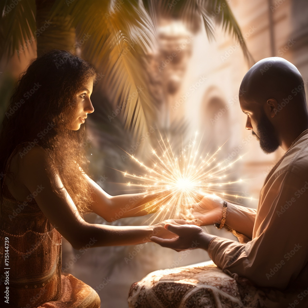 Young beautiful woman receiving a magical palm reading from an Asian ...