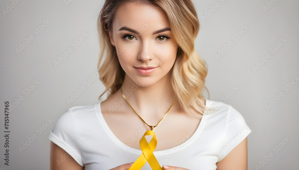 female holding yellow gold ribbon awareness symbol for endometriosis ...