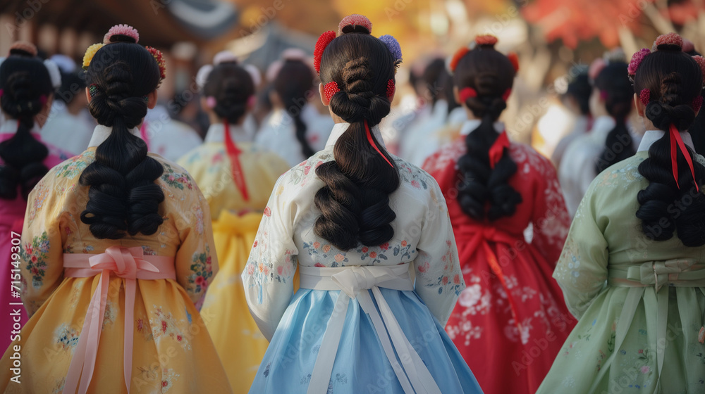 Beautiful back view of women wearing Hanbok, a traditional Korean ...