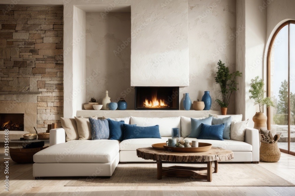 Interior home design of modern living room with white sofa and rustic ...