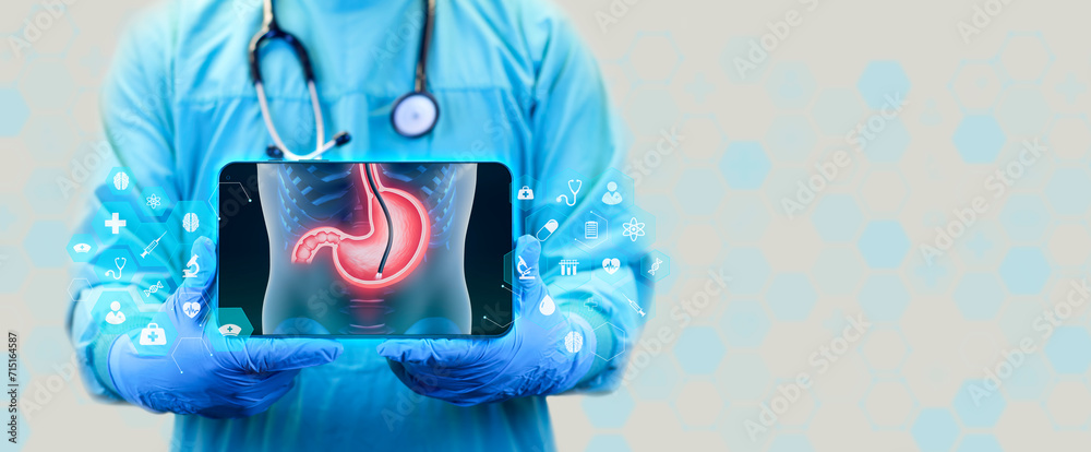 Endoscopic biopsy, esophagogastroduodenoscopy, EGD. The doctor shows ...