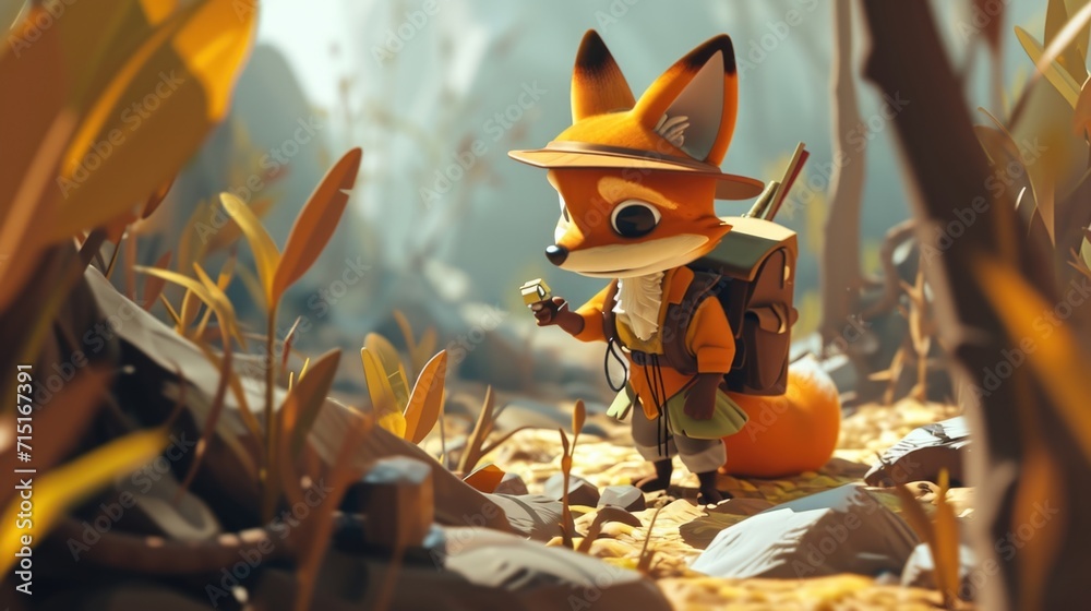 Cartoon digital avatar of a curious fox explorer, examining a ...