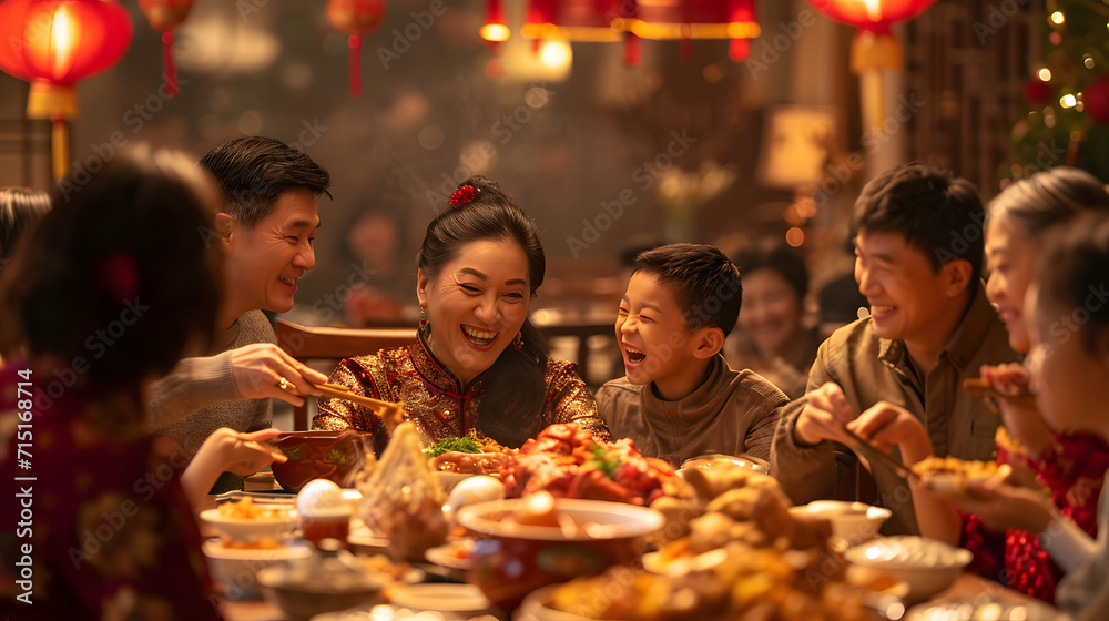 multi-generational Chinese family gathered around a large dining table ...