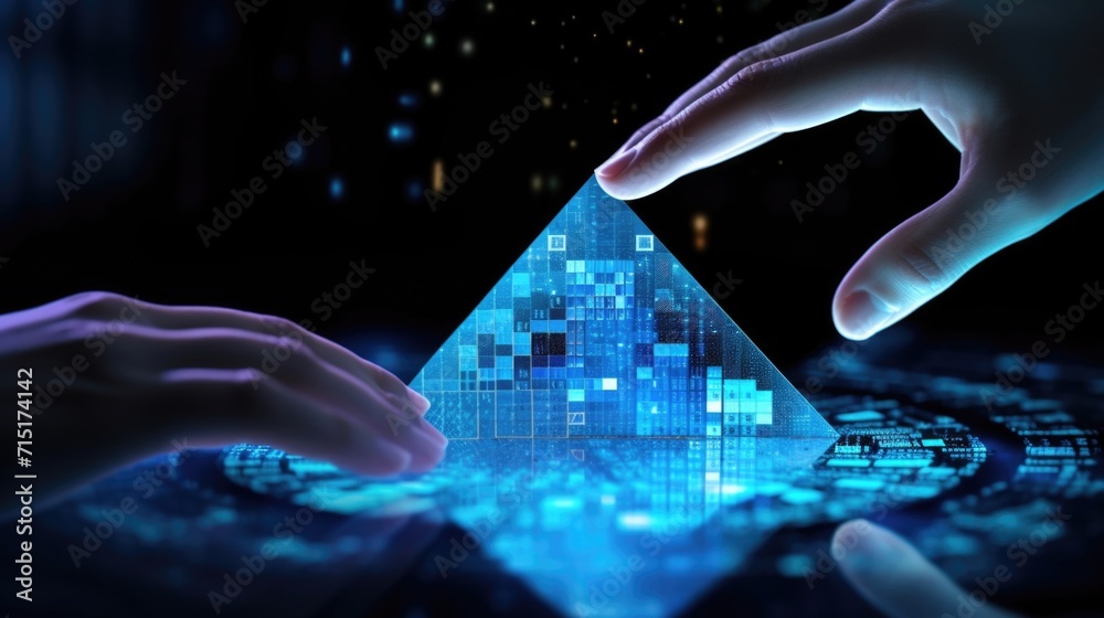 A digital hand formed of overlapping blue triangles interacts with a ...