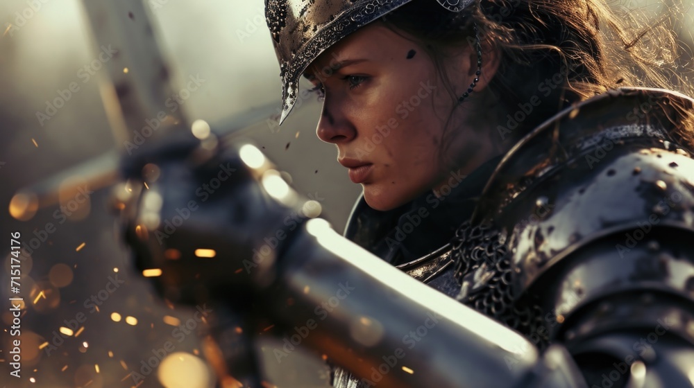 A fierce knight with a determined expression, sparks flying off her ...