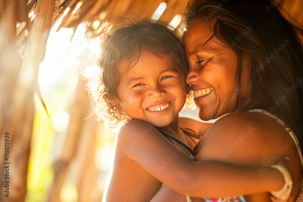 A native smiling child and their parent savor a moment of happiness ...