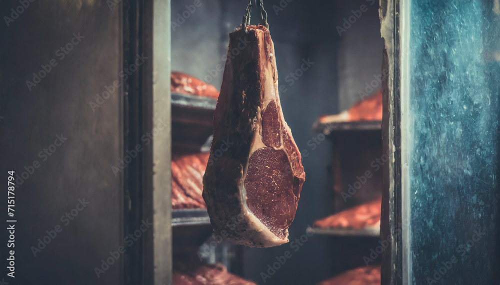 Hunk of meat hanging from chain, butcher store, beef, pork, closeup ...