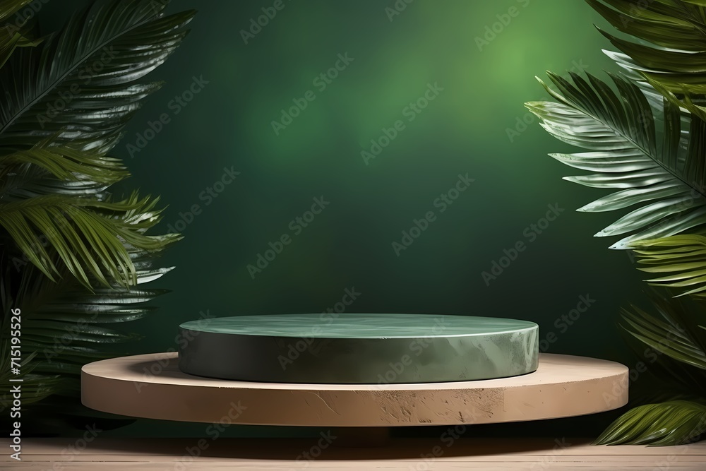 double layer elevated round green stone and wood Podium or pedestal ...