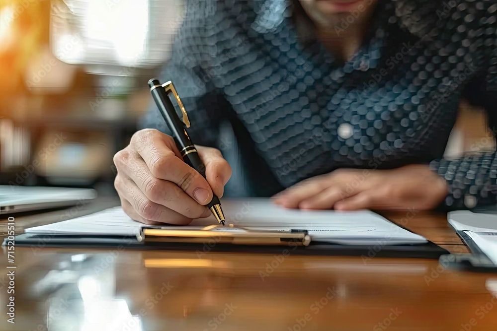 Contract in business environment document awaiting signature with pen ...