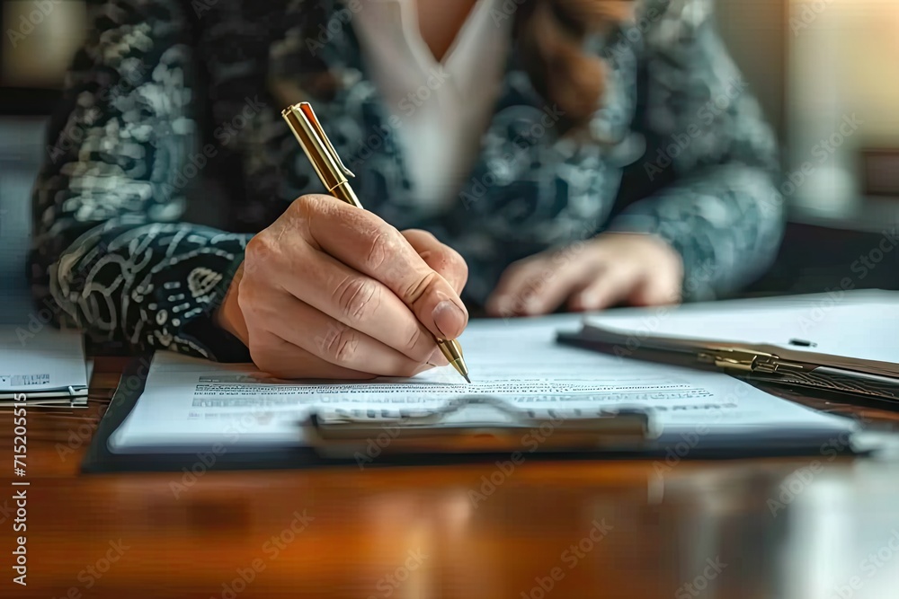 Contract in business environment document awaiting signature with pen ...