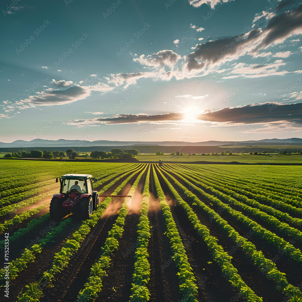 Wide-angle shot of a farmer driving a tractor in a fertile field ...