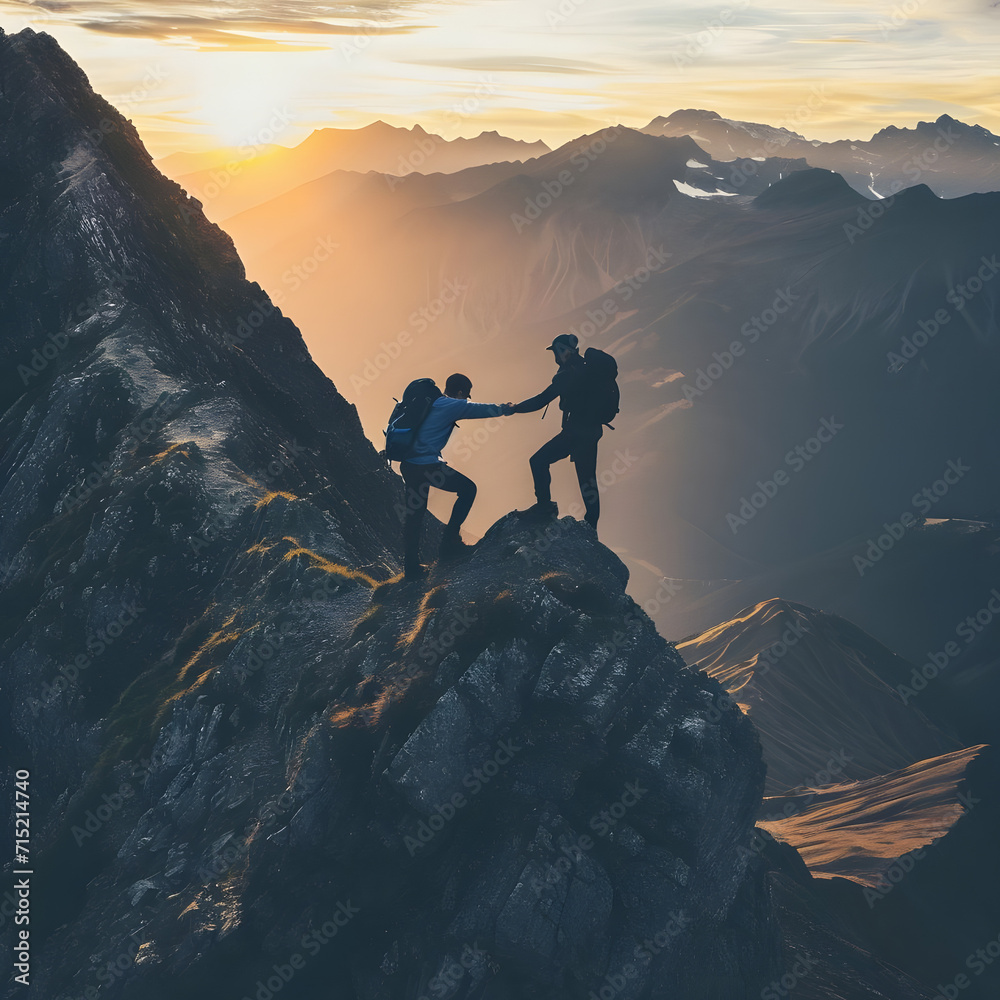Aerial view of a hiker reaching out a helping hand to their friend ...