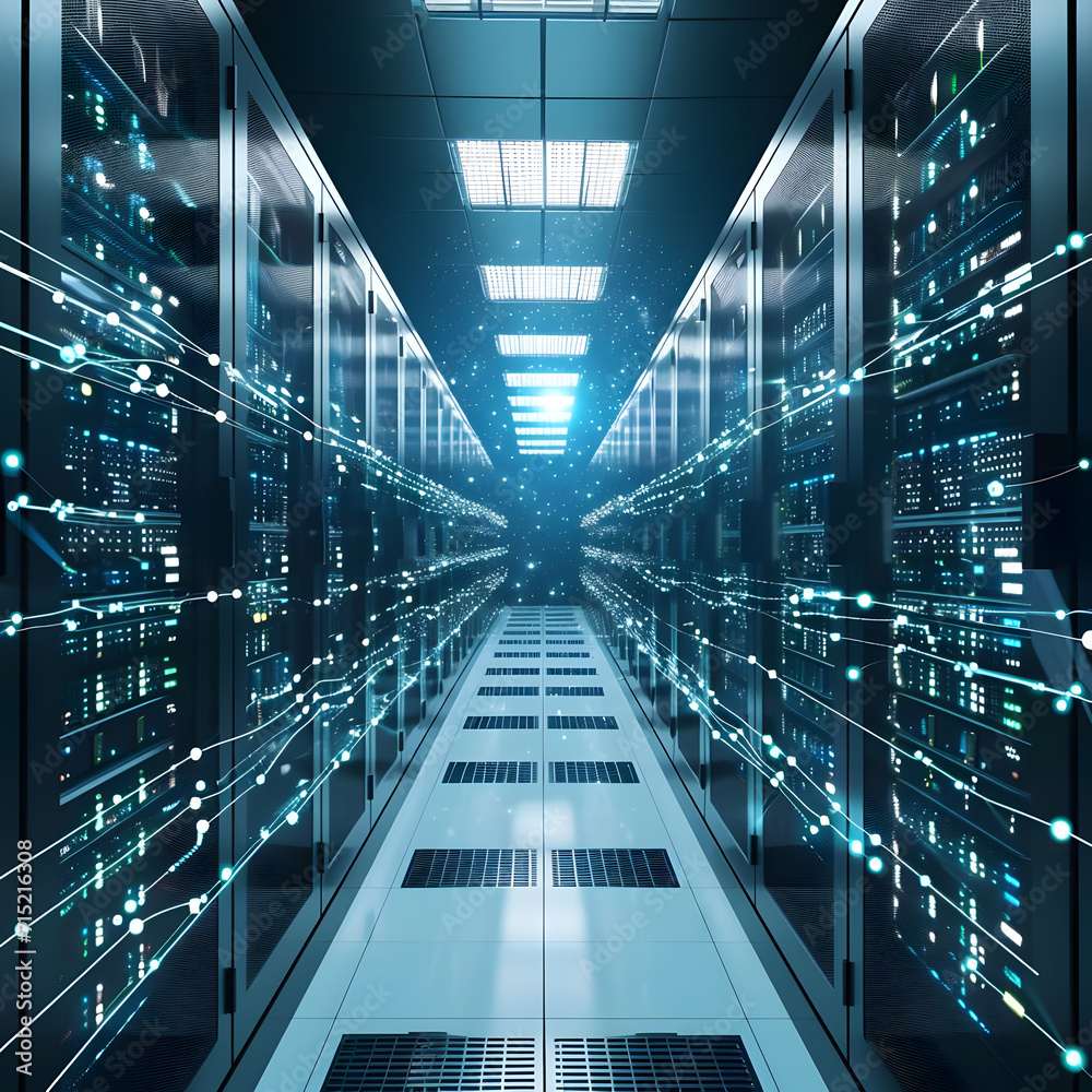 A visually striking depiction of a futuristic data center with cutting-edge network devices. The ...