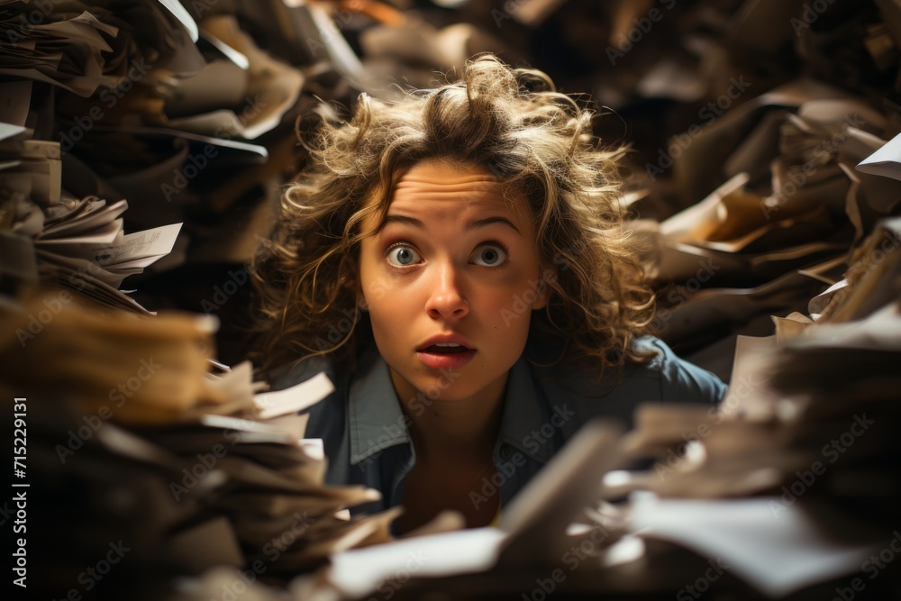 Office worker overwhelmed by a seemingly never-ending pile of reports ...
