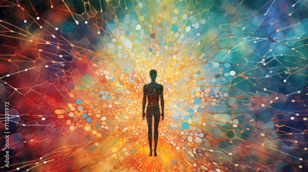 A digital artwork depicting a stylized human figure composed entirely ...