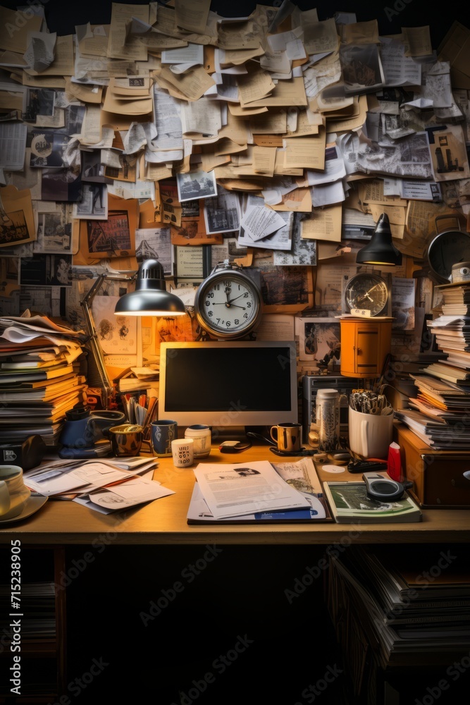 Office desk with a chaotic mix of documents and stationery, symbolizing ...