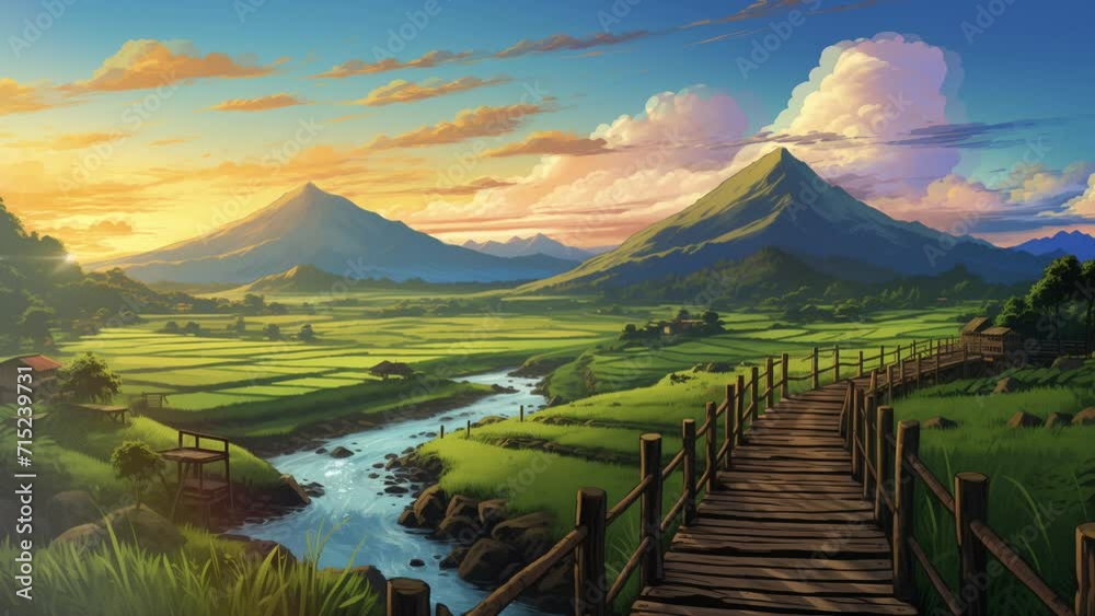 Animation illustration of mountain views with natural rivers and rice ...
