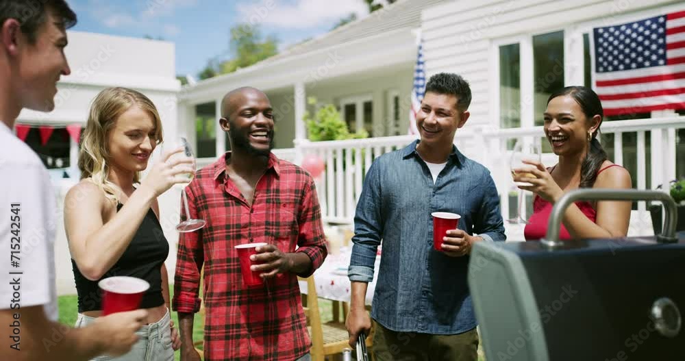 Friends, drinks and toast at party, American flag and celebration for ...