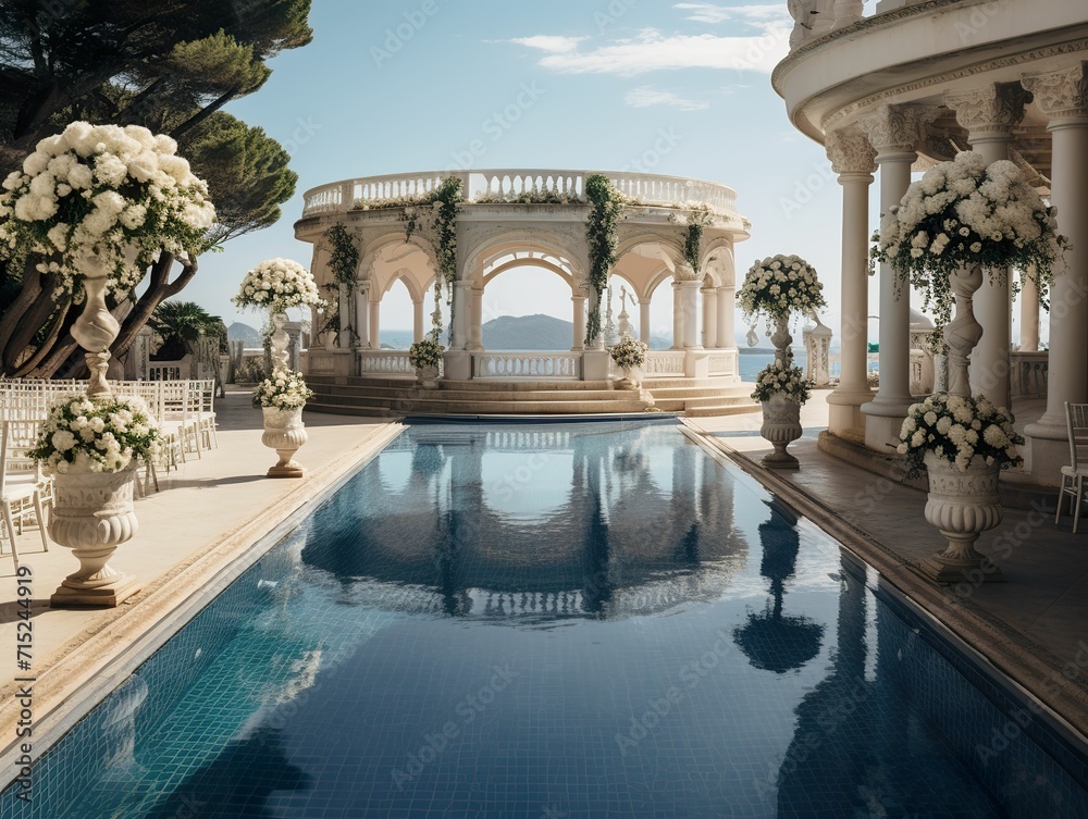 Outdoor wedding venue by the pool, outdoor wedding in spring, wedding ...