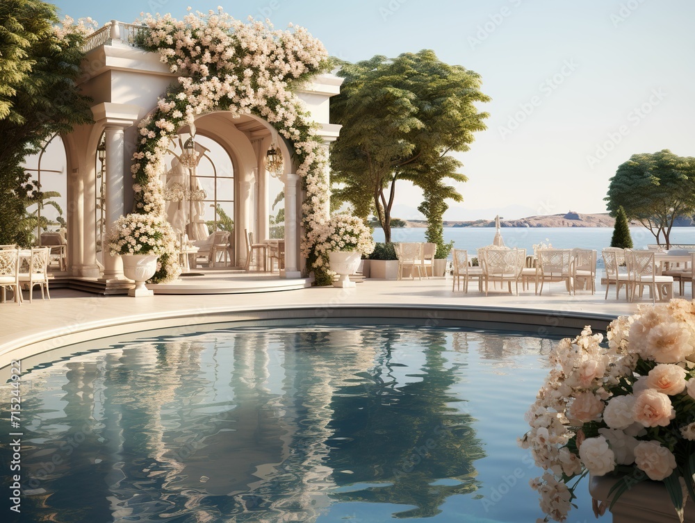 Outdoor wedding venue by the pool, outdoor wedding in spring, wedding ...