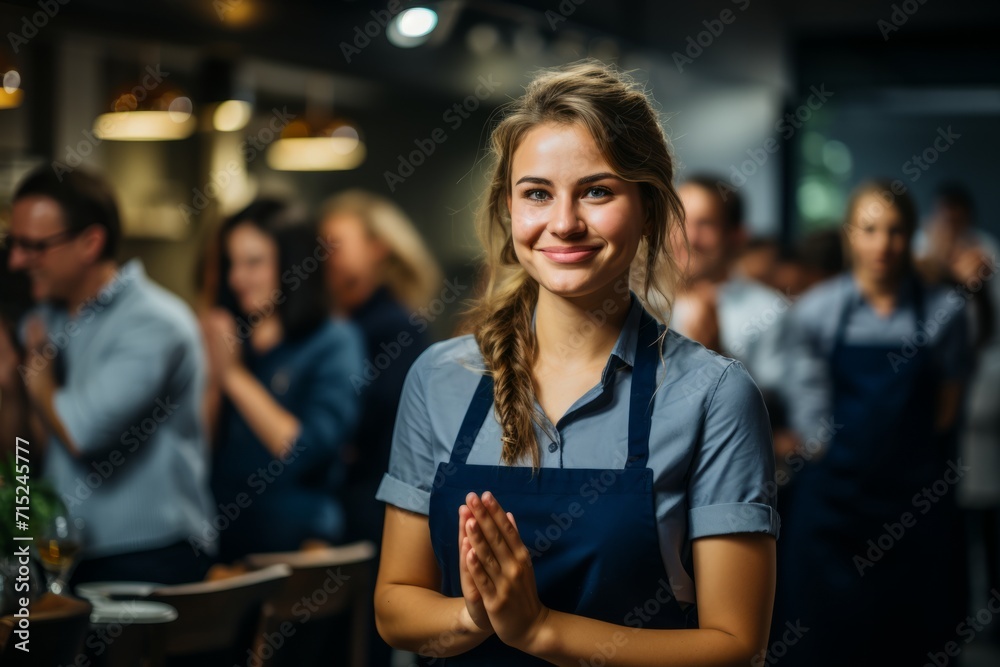 Delighted employee at their desk, receiving recognition and applause ...