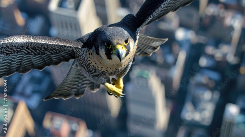 Closeup of a peregrine falcon swooping down from the top of a skyser ...
