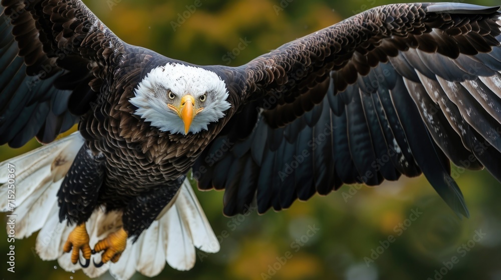 Closeup of a majestic bald eagle spreading its wings as it glides ...